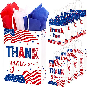 Veterans Day Gift Bags Patriotic Thank You Bags with Handles and Tissue Paper Red White Blue 4th of July Goodie Bags Paper Treat Goodie for Memorial Day Independence Day 16 Pcs