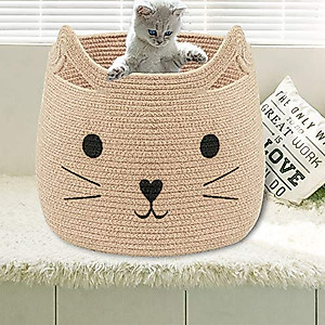 VK Living Animal Baskets Large Woven Cotton Rope Storage Basket with Cute Cat Design Animal Laundry Basket Organizer for Towels, Blanket, Toys, Clothes, Gifts – Pet or Baby Gift Baskets 15‘’ L x 14H