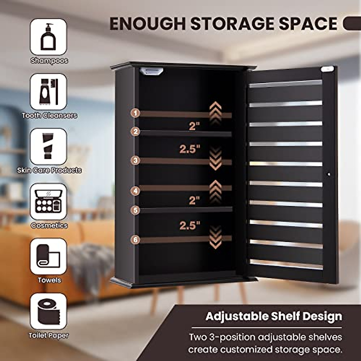 COSTWAY Wall Mounted Bathroom Cabinet, Wooden Storage Cabinet with 2 Adjustable Shelves and Reversible Door, Versatile Hanging Medicine Cabinet for Living Room, Kitchen, Entryway (Brown)