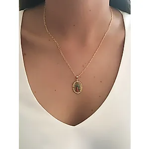 LESLIE BOULES Virgen de Guadalupe Medal Necklace for Women 18K Gold Plated Chain (A-Virgen de Guadalupe)