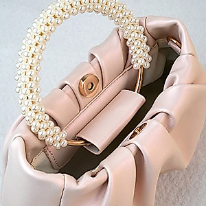 HEYCUE Women's Elegant Pearl Handbag Pleated Design Crossbody Purse Wedding Prom Bride Clutch Purse With Pearl Chain