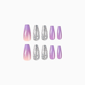 Press on Nails Medium Coffin SWEKKE Fake Nails Purple French Gradient Full Cover False Nails with Glitter Designs Acrylic Nails Glossy Glue on Nails Reusable Artificial Nails for Women Manicure