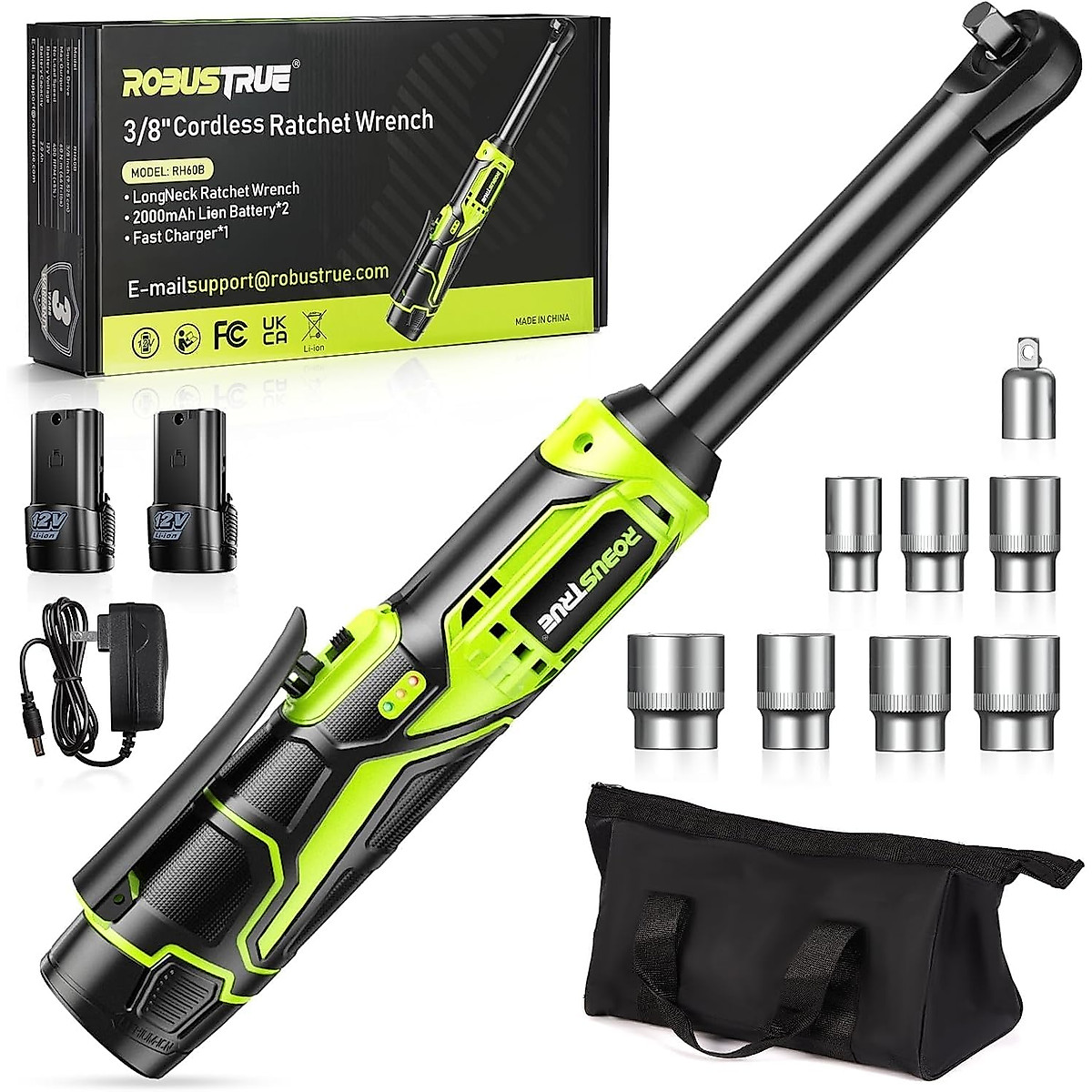 Robustrue 3/8" Cordless Ratchet Wrench, 6 inch Extended Ratchet Wrench, 40Ft-lbs 400RPM Cordless Ratchet, 2 Batteries Power Electric Ratchet Driver with Variable Speed, 7 Sockets, LED Light