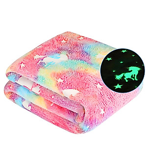 Glow in The Dark Blanket Unicorn Gifts for Kids Girls Teen Birthday Christmas Halloween Present Light Up Rainbow Unicorn Toy Bedroom Bed Decor Fun Soft Fluffy Plush Glowing Throw Pink 50"x60"
