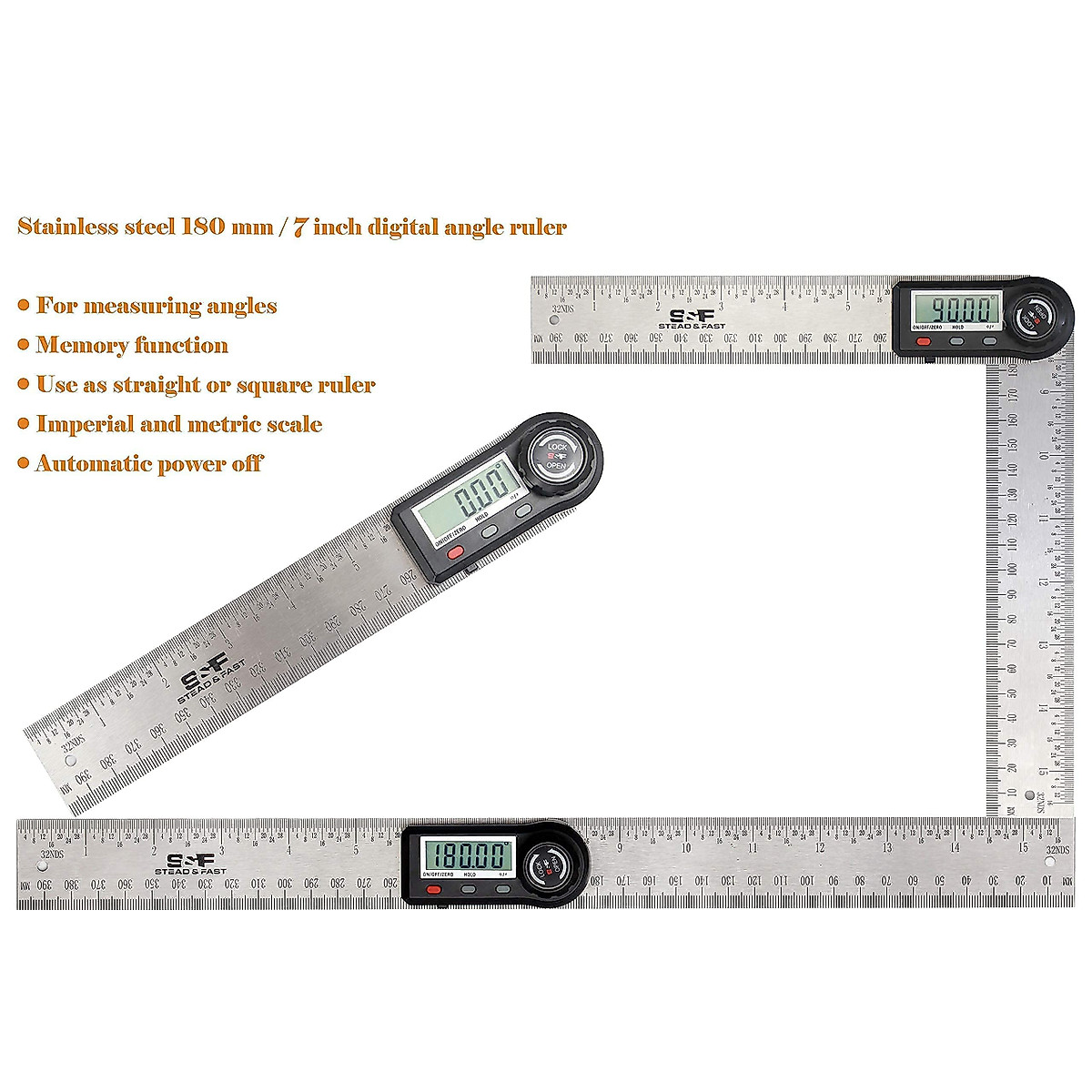Digital Angle Finder Tool 7 Inch / 180 mm with Pouch/Digital Angle Finder Gauge with Magnetic Base and Backlight Bundle for Woodworking Measurement, Angle Measuring Tool by S&F STEAD & FAST