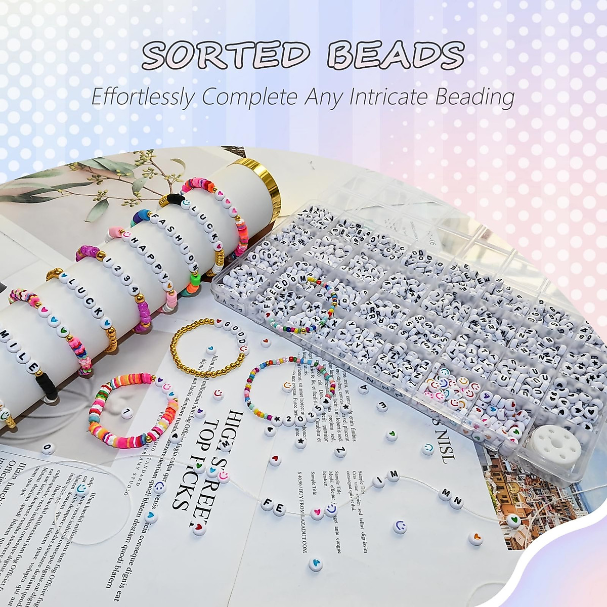 Amaney 1400 Pieces 4x7mm White Round Acrylic Alphabet Letter Beads A-Z Heart Pattern Beads and Crystal Line for Jewelry Making Bracelets Necklaces Key Chains