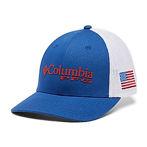 Columbia Unisex PFG Mesh Ball Cap, Mountain Blue/Us Flag, L/XL