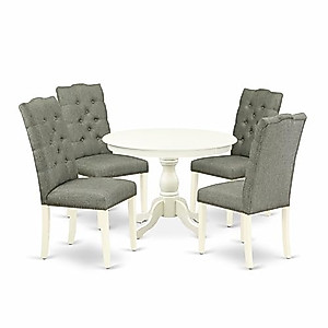 East West Furniture HBEL5-LWH-07 5 Piece Kitchen Table & Chairs Set Includes a Round Dining Room Table with Pedestal and 4 Gray Linen Fabric Parson Dining Chairs, 42x42 Inch, Linen White