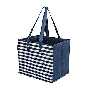 PLANET E Reusable Eco-Friendly Durable Heavy Duty Collapsible Long handle Grocery Tote Shopping Box Bag Set with Reinforced Bottom (2 Pack, Stripped Blue)