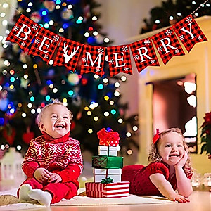 Plaid Be Merry Banner Burlap Christmas Rustic Bunting Banner for Christmas Hanging Decorations