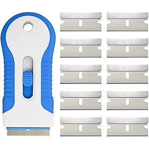 FOSHIO Retractable Blue Plastic Razor Blade Scraper Tool with 10pcs Extra Carbon Steel Razor Blades for Glass Gasket Label Sticker Remover Tool,Grease Paint Window Razor Scraper