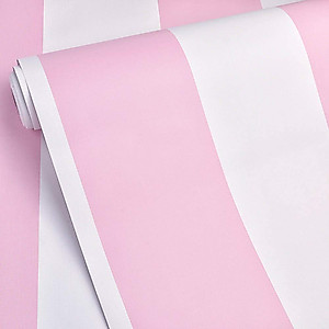 Self Adhesive Vinyl Pink and White Stripe Peel and Stick Wallpaper Shelf Liner for Walls Nursery Girls Bedroom Cabinets Dresser Drawer Furniture Decal Removable Waterproof 17.7x117 Inches