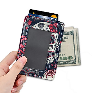 Linomo Thin leather Card Holder and Money Clip Floral Flower Sugar Skull Wallet RFID Blocking for Men & Women