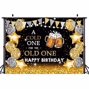 Wollmix Birthday Party Decorations for Men Happy Birthday Banner Backdrop Cheers and Beers A Cold One for The Old One Black and Gold Photography Background Supplies Photo Studio Booth Props 7x5ft