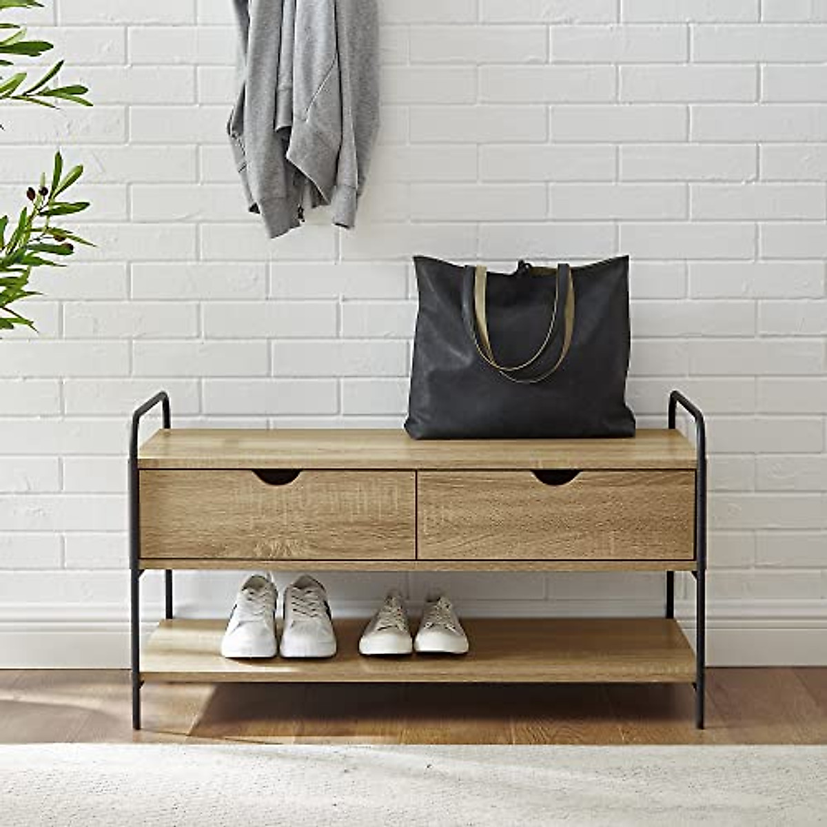 Walker Edison Brookline Urban Metal and Wood Entry Bench with Shoe Storage, 36 Inch, Driftwood
