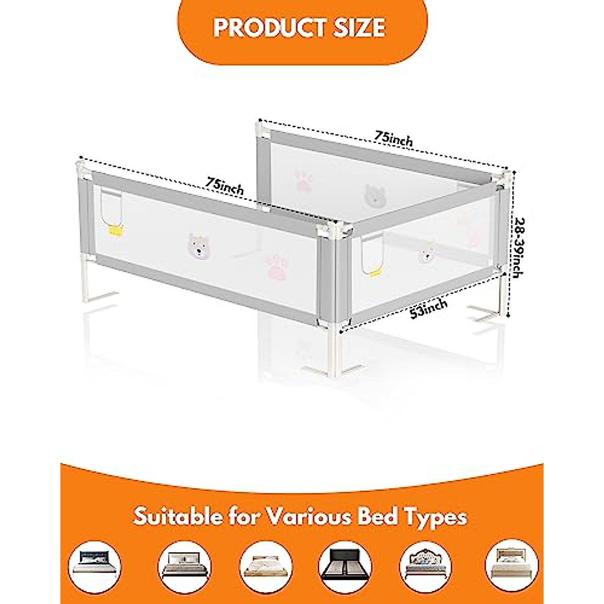 Athradies Bed Rails for Toddlers, 3 PCS Extra Long Toddler Bed Rails for Kids, Height Adjustable Baby Bed Rail Guard, Bed Rails for Full Size Bed