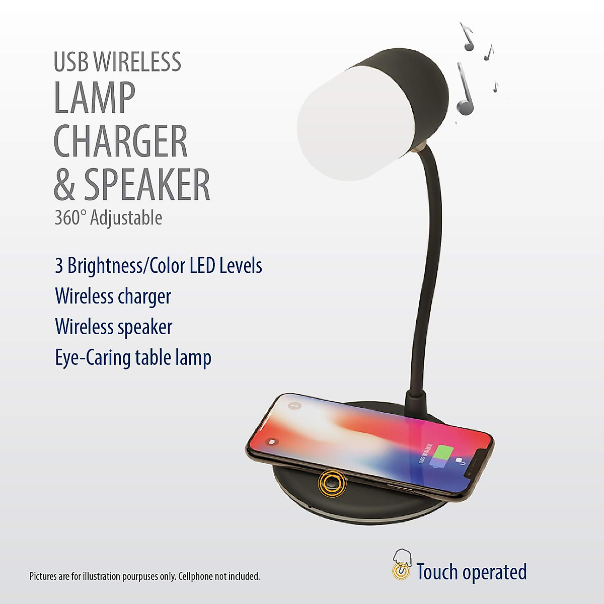 Led desk lamp with QI wireless smart charger. Home office bedside table night light lamp. Bluetooth connected speaker. 3 lighting color changing modes and touch control. Nightlight lamps for bedrooms.