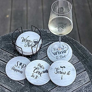 Coasters for Drinks Absorbents with Holder - 6 Pcs Gift Set with 6 Funny Sayings for Wine Lovers - Ceramic Stone with Corked Back, Unique Present for Housewarming, Living Room Decor