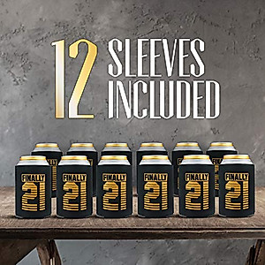 21st Birthday Party Decorations for Him, Insulated Can Coolers for Birthday Party Favors for Men, Soda and Beer Sleeves Birthday Party Supplies for Guys, 12-Pack, Black & Gold