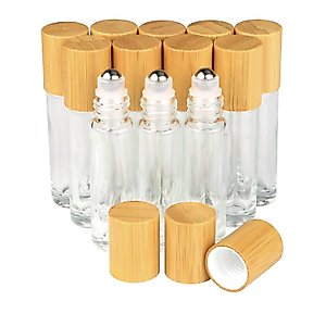 Clear Refillable Glass Empty Roll on Bottles Roller Bottle,10ml Bamboo Roll On Bottle For Essential Oils Perfume Sample Bottles With Stainless Steel Roller Ball &Bamboo Cap,12pcs