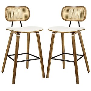 Counter Height Bar Stools Set of 2, Mid Century Modern Counter Stools, 26" Wood Kitchen Stool PU Leather Upholstered Barstool with Rattan Back, Counter Height Island Dining Bar Chair, Cream White