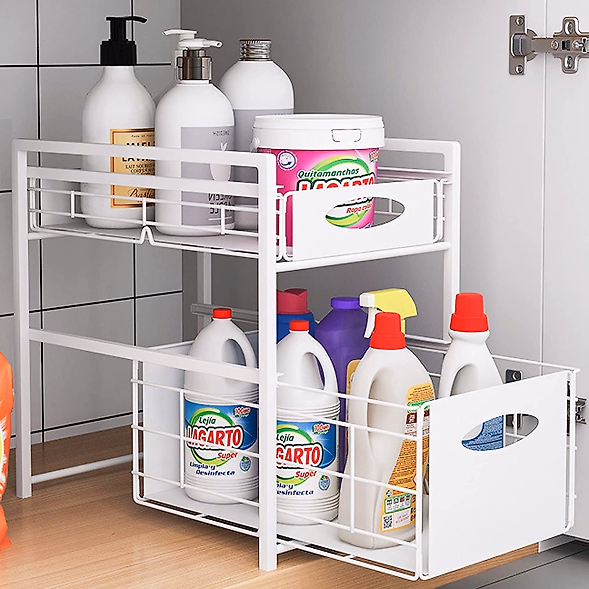 LEAYAN Under Sink Storage Cabinet Organizer Drawer, Under Sink Shelf Organizer Rack Multi-Purpose Under Sink Storage for Bathroom Kitchen Under Sink Rack Shelf, White 39.8x22.4x37.4cm