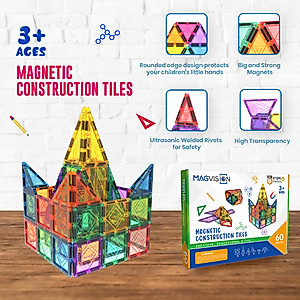 MagVision 60-Piece Magnetic Building Tiles Set, Stem Magnetic Building Blocks, Extra Strong and Safe Magnets, Stem Toys, Magnetic Blocks, Educational Toys for Children Ages 3+ Years