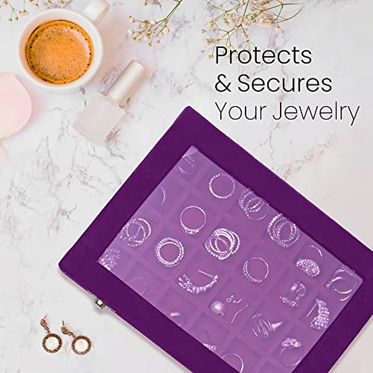 Hivory Velvet Earring Jewelry Box - 24 Grid Small Jewelry Earring Organizer Box with Snap Button - Earring Holder for Girls and Teen, Secure and Travel Friendly (Purple)