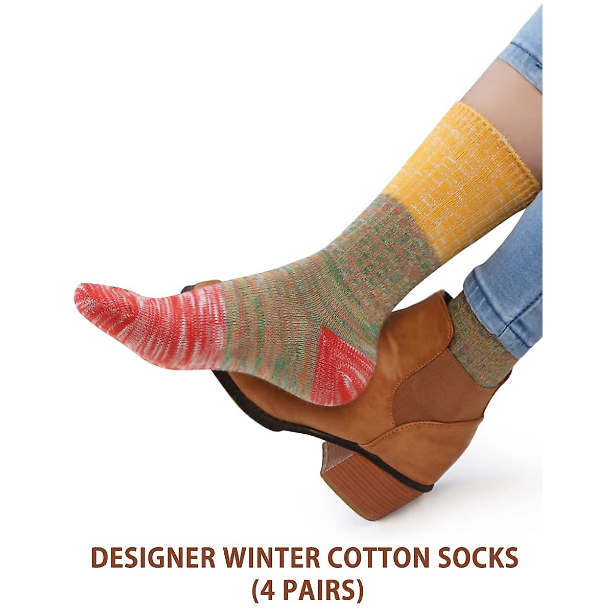 VERO MONTE 4Pairs Cotton Socks for Women -Womens Slouch Socks Cotton Crew(7-9.5)