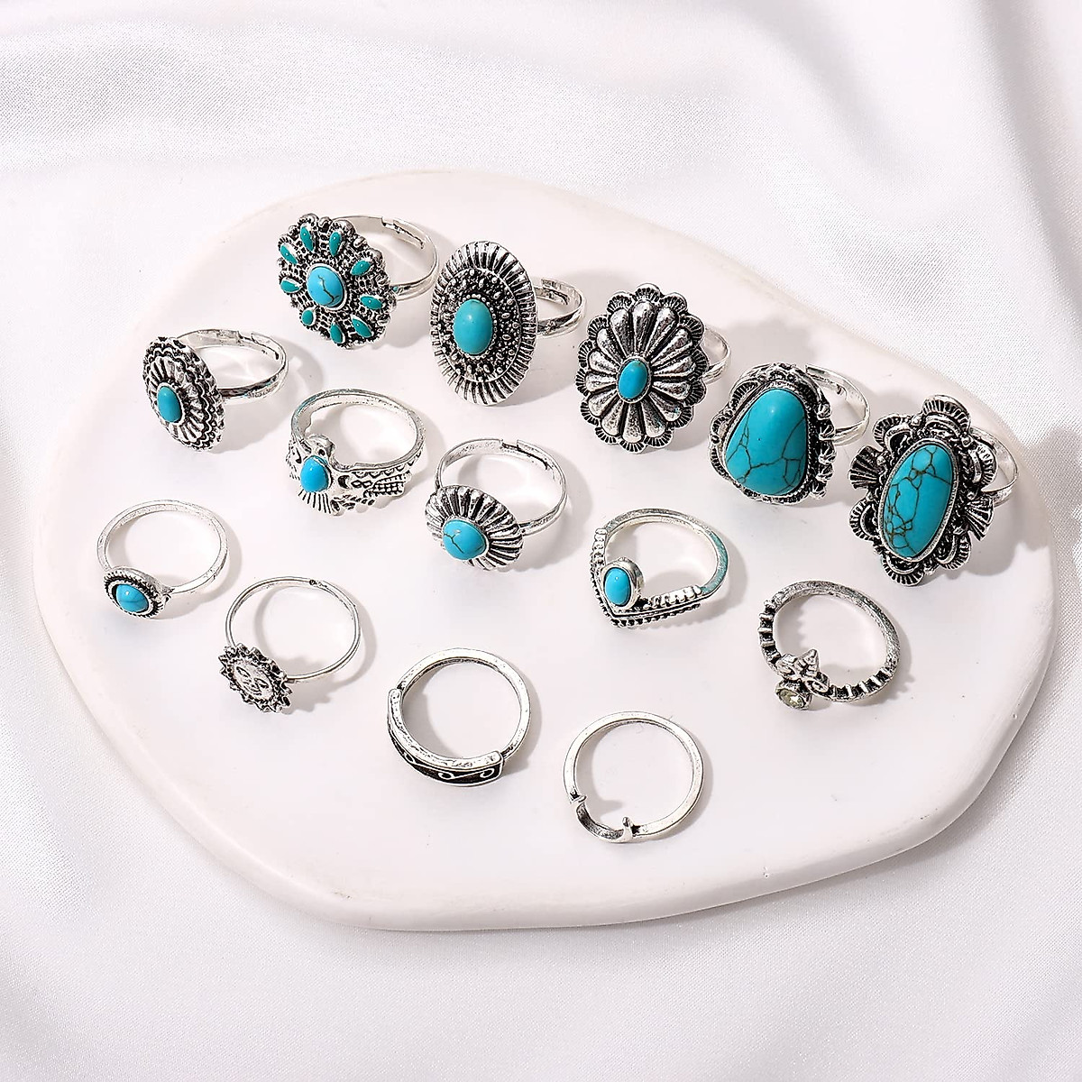 BVGA 40 Pcs Vintage Turquoise Rings for Women Bohemian Silver Oval Gemstone Rings Western Rings Boho Joint Knuckle Rings Midi Stacking Rings Set Gifts