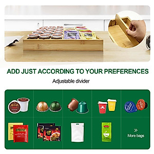 Bayting Bamboo K Cup Holder, Coffee Pod and Tea Bag Organizer for Drawer or Countertop, Adjustable K Cup or Tea Bag Organizer for Coffee Station, Up to 30 K Cups