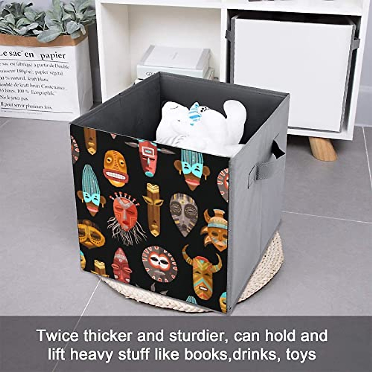 African Face Mask Foldable Storage Bins Printd Fabric Cube Baskets Boxes with Handles for Clothes Toys, 11x11x11
