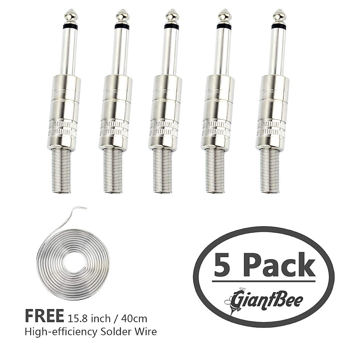 1/4" Audio Plugs 6.35 mm Plug TS Male 1/4 inch Solder Type Mono Plug Straight Design Connector with Spring for DJ Mixer Speaker Guitar Cables Phono Patch Cable Microphone Cables Alloy ( 5 Pack )