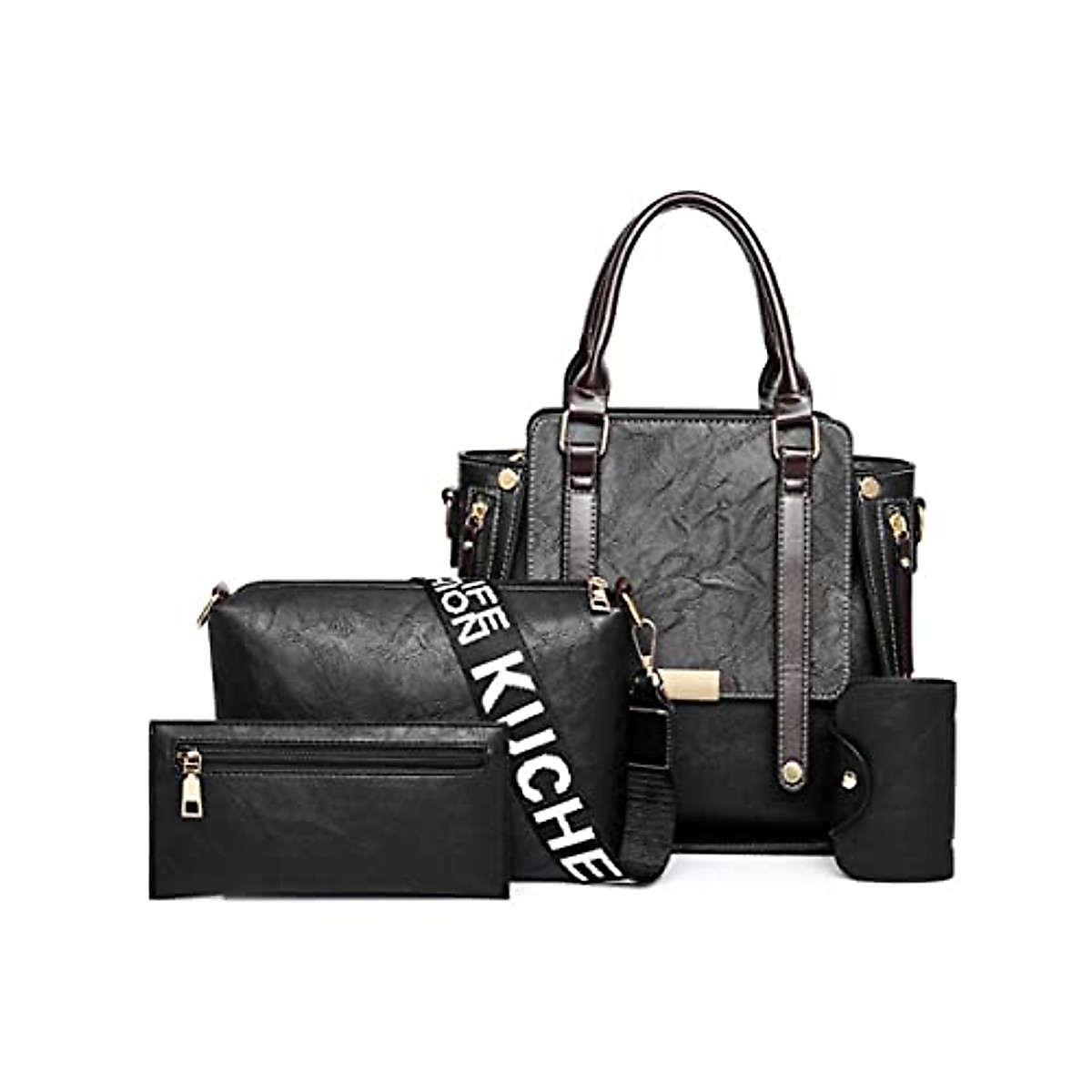 YAQUNICER Women Soft Synthetic PU Leather 4pcs Satchel Crossbody Large Capacity Top-Handle Handbags Shoulder Clutches Purse-Black