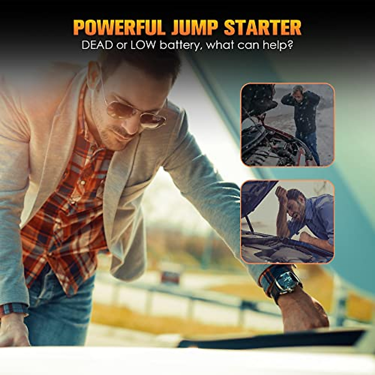 NUSICAN Car Jump Starter Portable, 1000A Peak Battery Charger Jumper Starter for up to 7L Gas or 5.5L Diesel Engine, 12V 12800mAh Lithium Battery Booster Jump Box with Smart Clamp Cables, LED Light