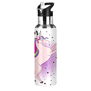OREZI Cute Unicorn Magical Rainbow Star Pink Water Bottle Thermos with Straw Lid for Boys Girls,600 ml,Leakproof Stainless-Steel Sports Bottle for Women Men Teenage