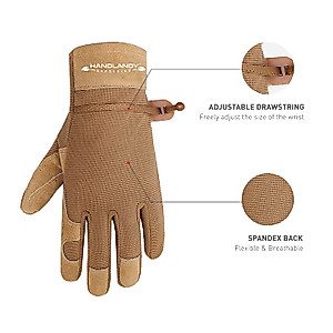 HANDLANDY Gardening Gloves for Women Flexible & Durable, Breathable Utility Work Gloves Heavy Duty Leather Garden Yard Glove (Medium, khaki)