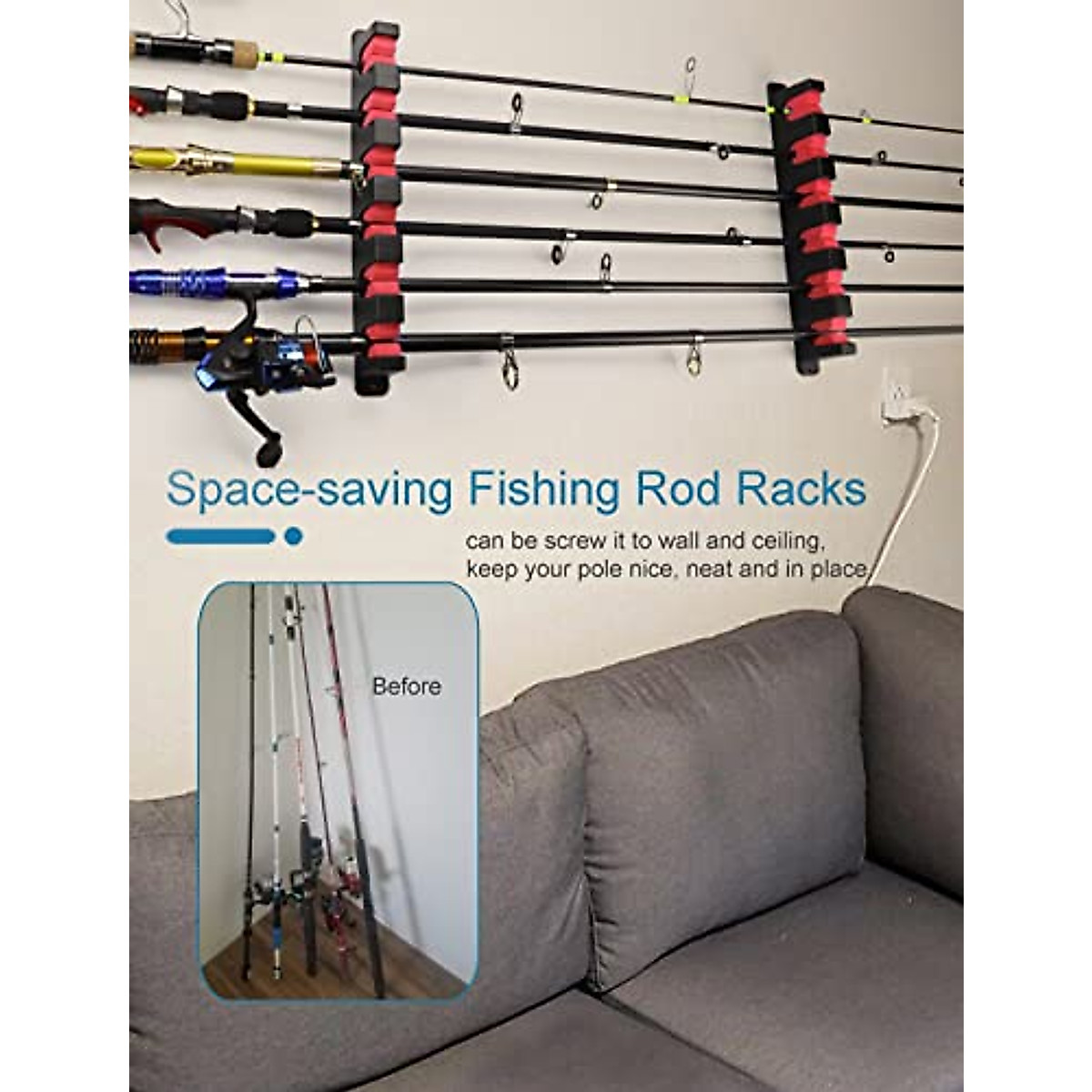 Ducurt Fishing Rod Rack Holders Wall-mounted Fish Pole Holder for Garage & Boat 6-Rod Storage Racks (Horizontal Red, 1 Pair)