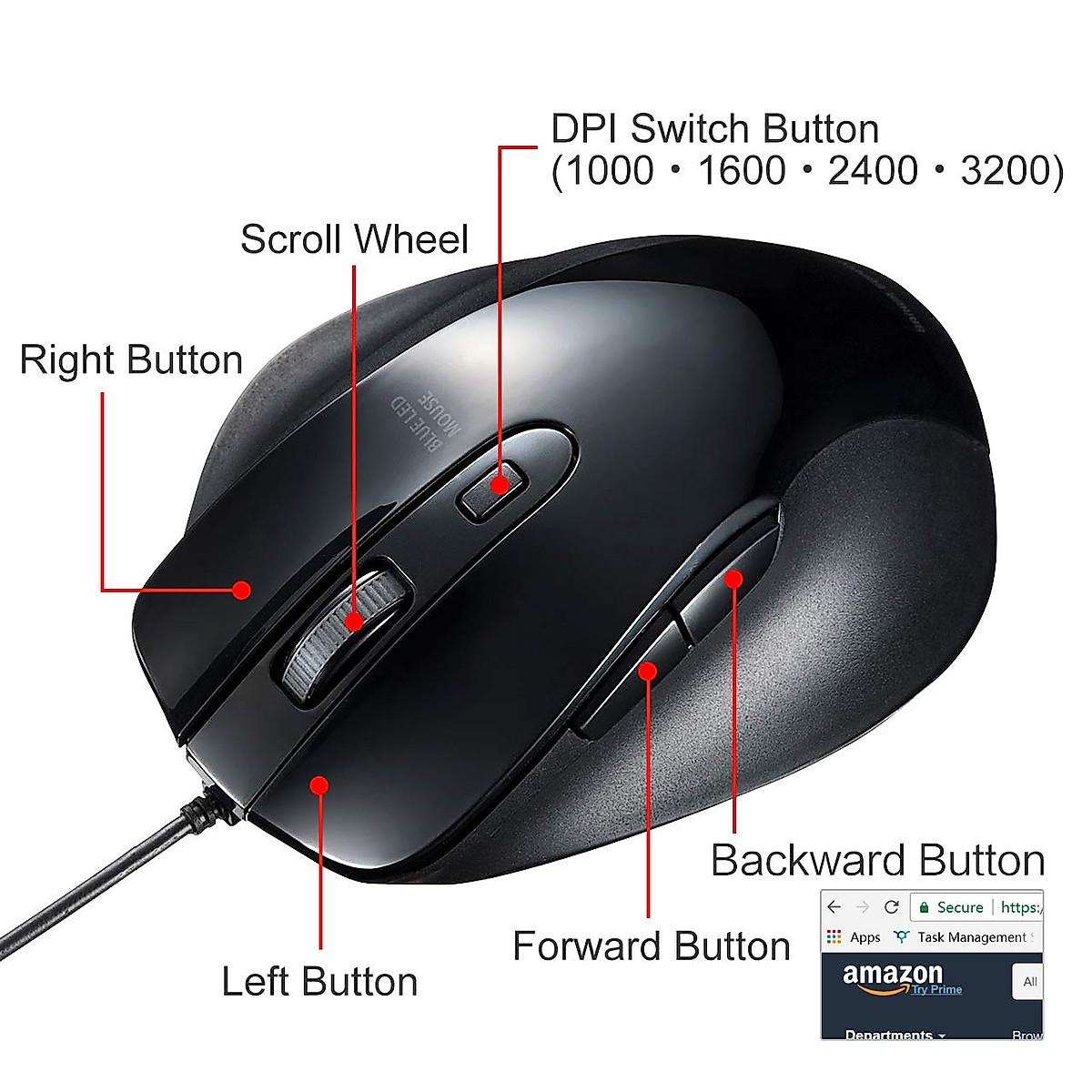 SANWA (Japan Brand) Wired Vertical Ergonomic Mouse, Silent Blue LED Optical Computer Mice, (1000/1600/2400/3200 DPI, 6 Buttons) Compatible with MacBook, Laptop, Windows Android Mac OS