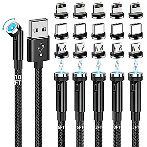 Magnetic Charging Cable, 540° Rotating Magnetic Phone Charger [6-Pack, 3ft/3ft/3ft/6ft/6ft/10ft] 3 in 1 Magnetic Charger Cable Nylon Braided Magnetic USB Cable for iPhone/Micro USB/Type C Device