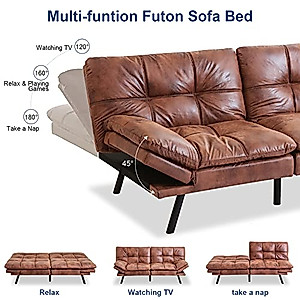 QAIIOO Futon Sofa Brown with Compact Living Space, Memory Foam Modern Convertible Sleeper Bed, Folding Recliner Adjustable Backrest Armrests, Apartment, Dorm, Bonus Room, 71" D x 33" W x 31.5" H
