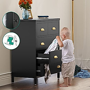 YITAHOME 5 Drawer Dresser, Metal Storage Chest of Drawers, Large Capacity Clothing Storage Organizer with Golden Handles, Tall Dresser for Bedroom, Living Room, Hallway, Entryway, Black