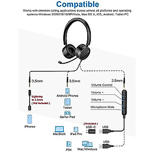 New bee USB Headset Computer Headset in-Line Call Controls Office Headset with Noise Cancelling Micphone Call Center Headset for Skype, Zoom, Laptop, Phone, PC, Tablet, Home with USB-C Adapter