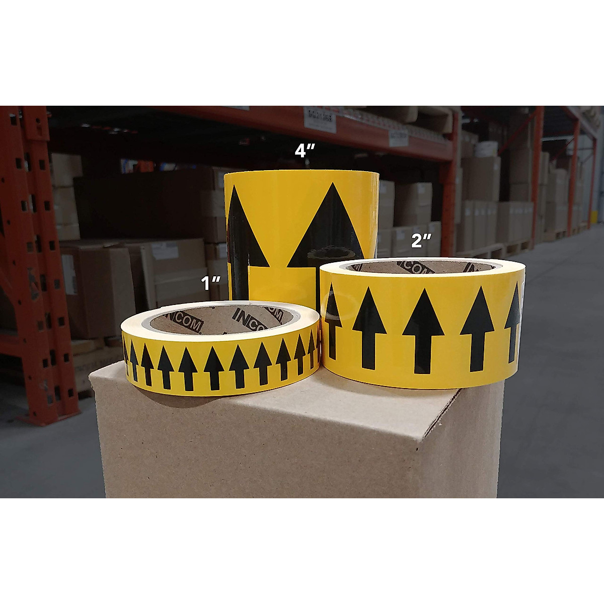 INCOM Manufacturing: Directional Flow Arrow Pipe Identification Vinyl Marking Adhesive Tape, 4 inch x 108 ft., Orange/Black