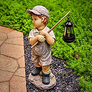 Floryden Solar Boy Statue, Garden Boy Statues with Solar Powered LED Light for Garden, Patio, Lawn, Yard, Housewarming, Thanksgiving, Arbor Day, Hand-Painted Sculpted Figure, 17.5”H Resin