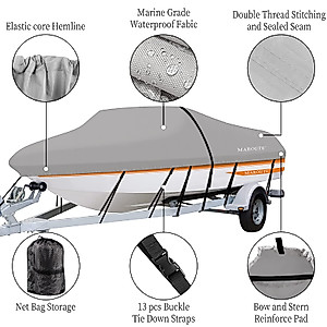 Boat Cover, MAROUTE 600D Waterproof Trailerable Marine Grade Polyster Canvas Fits V-Hull, Tri-Hull Fishing Boat, Runabout, SKi Boat, Bass Boat, up to (Length 17ft-19ft Beam Width Up to 96")
