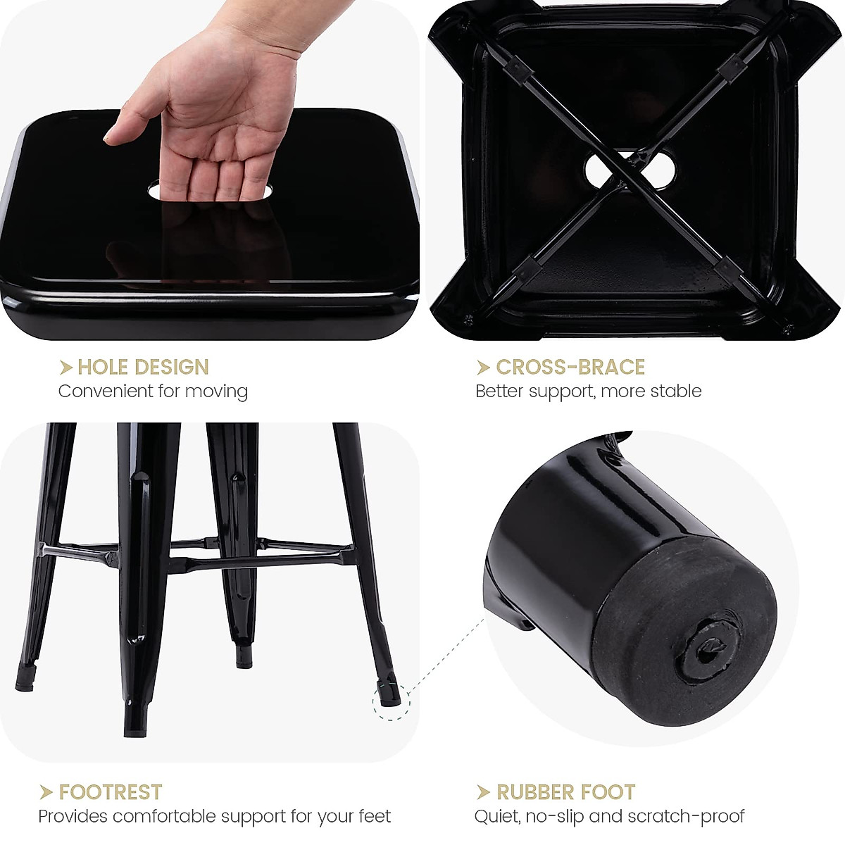 Vogue Furniture Direct 24 Inch Metal Bar Stools, Backless Counter Height Barstools, Indoor Outdoor Stackable Stools with Square Seat, Set of 4 (Black)