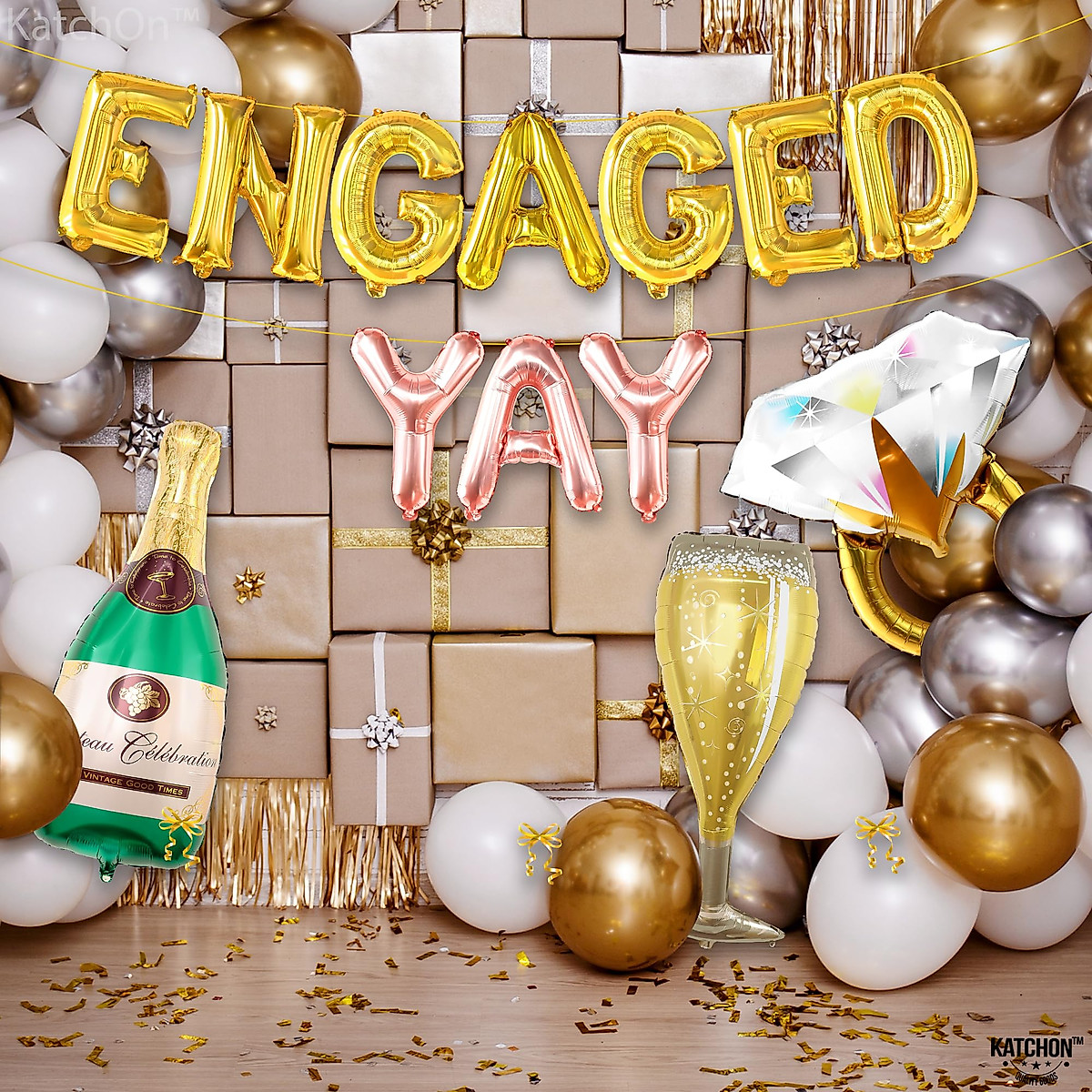 KatchOn, Yay Engaged Balloons Set - 37 Inch, Pack of 13 | Engagement Balloons, Engagement Party Decorations | Champagne Balloon, Engagement Decorations | Ring Balloons, Bachelorette Party Decorations