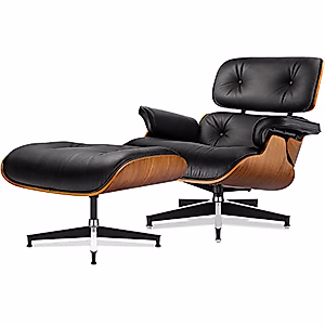 Genniyz Century Lounge Chair and Ottoman, Modern Chair Classic Design, Top Black Grain Leather Palisander Wood, Heavy Duty Base Support for Living Room Study Lounge Office Standard
