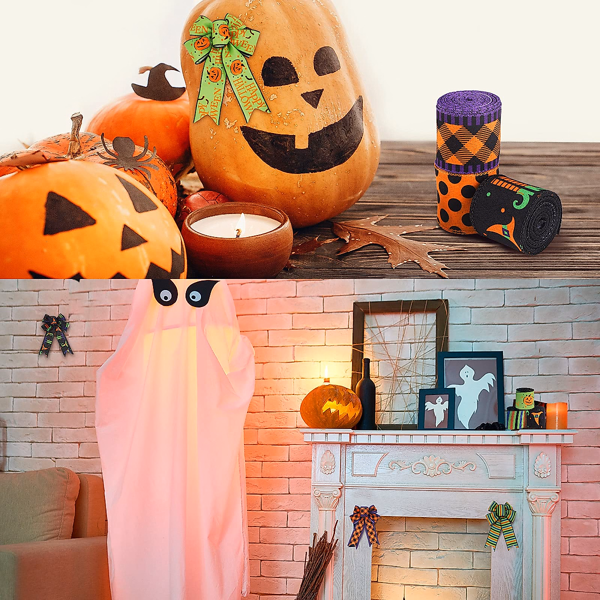 6 Rolls 30 Yards Halloween Wired Edge Ribbons Stripe Burlap Printed Ribbon Spider Web Pumpkin Ribbon Happy Halloween Decorative Wrapping Ribbon for Halloween DIY Craft Floral Bow